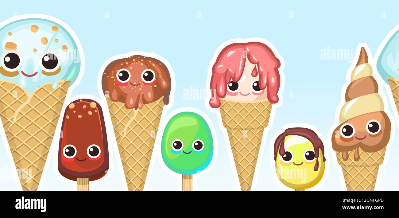 Different ice cream. Horizontal seamless background illustration. Funny ...