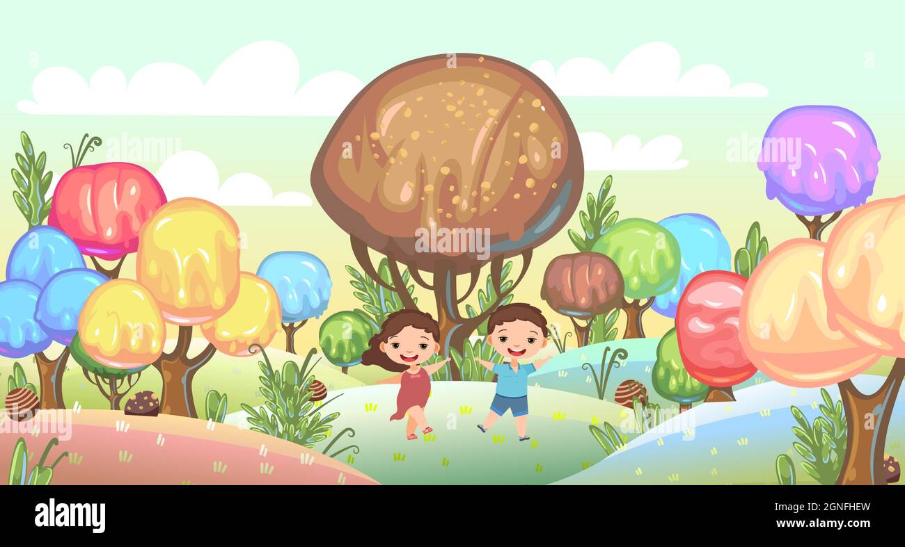 Kiddies on Candy Background. Cartoon sweet land. Boy and girl. Ice ...