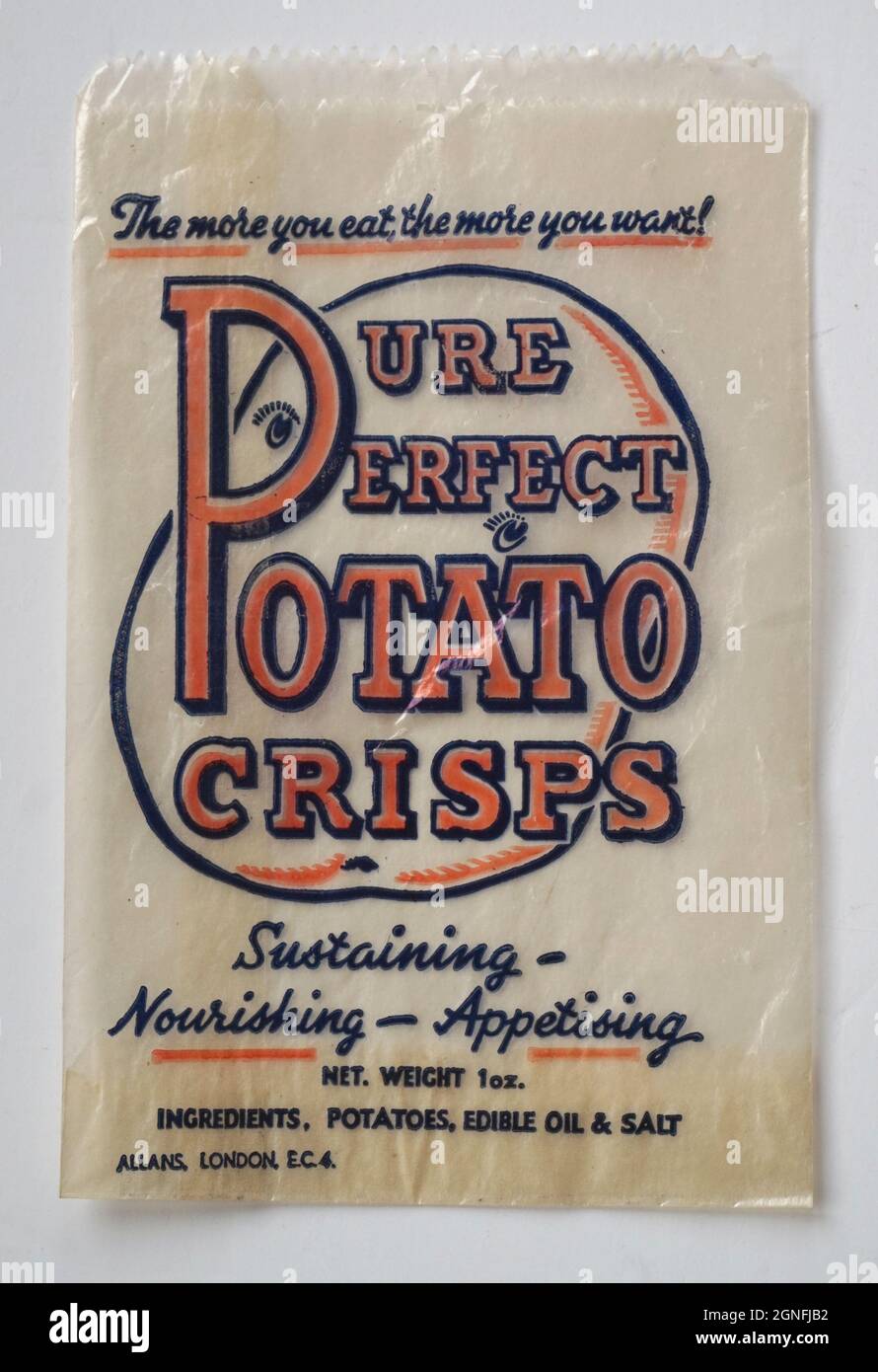 Vintage potato crisp packet. Pure Perfect potato crisps. 1940s. Vintage ...
