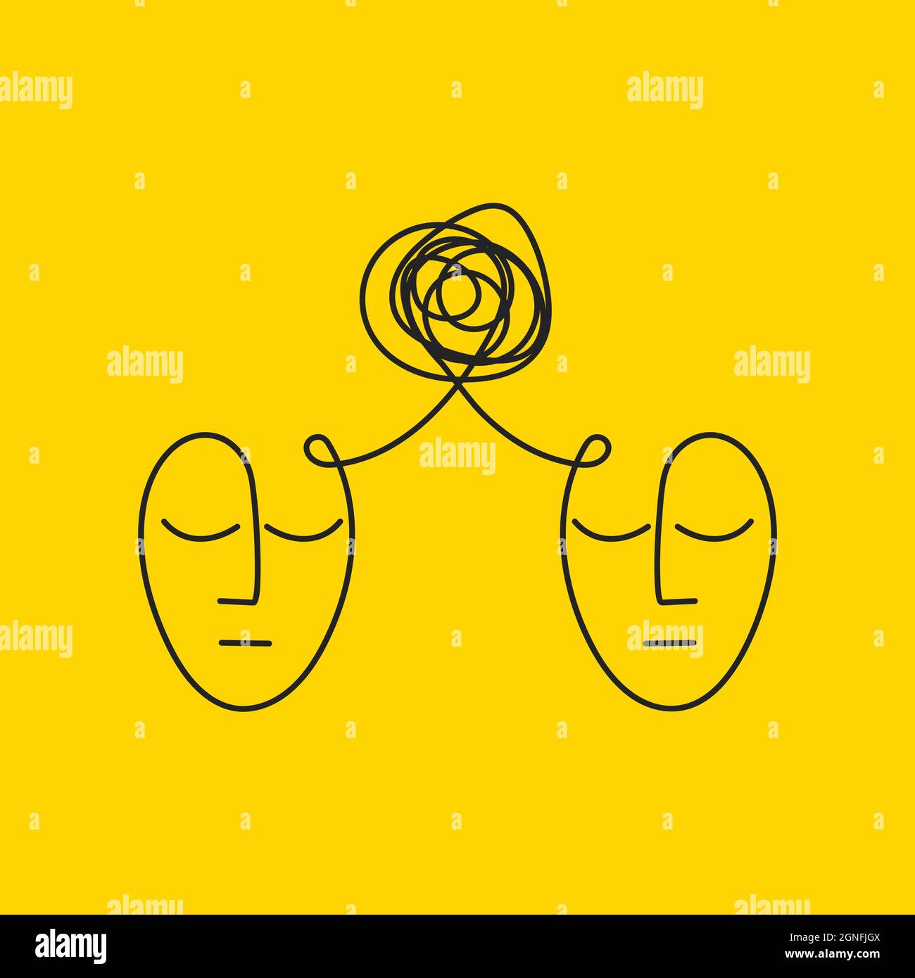 Two hand drawn human faces connected by single line. Abstract logo of ...