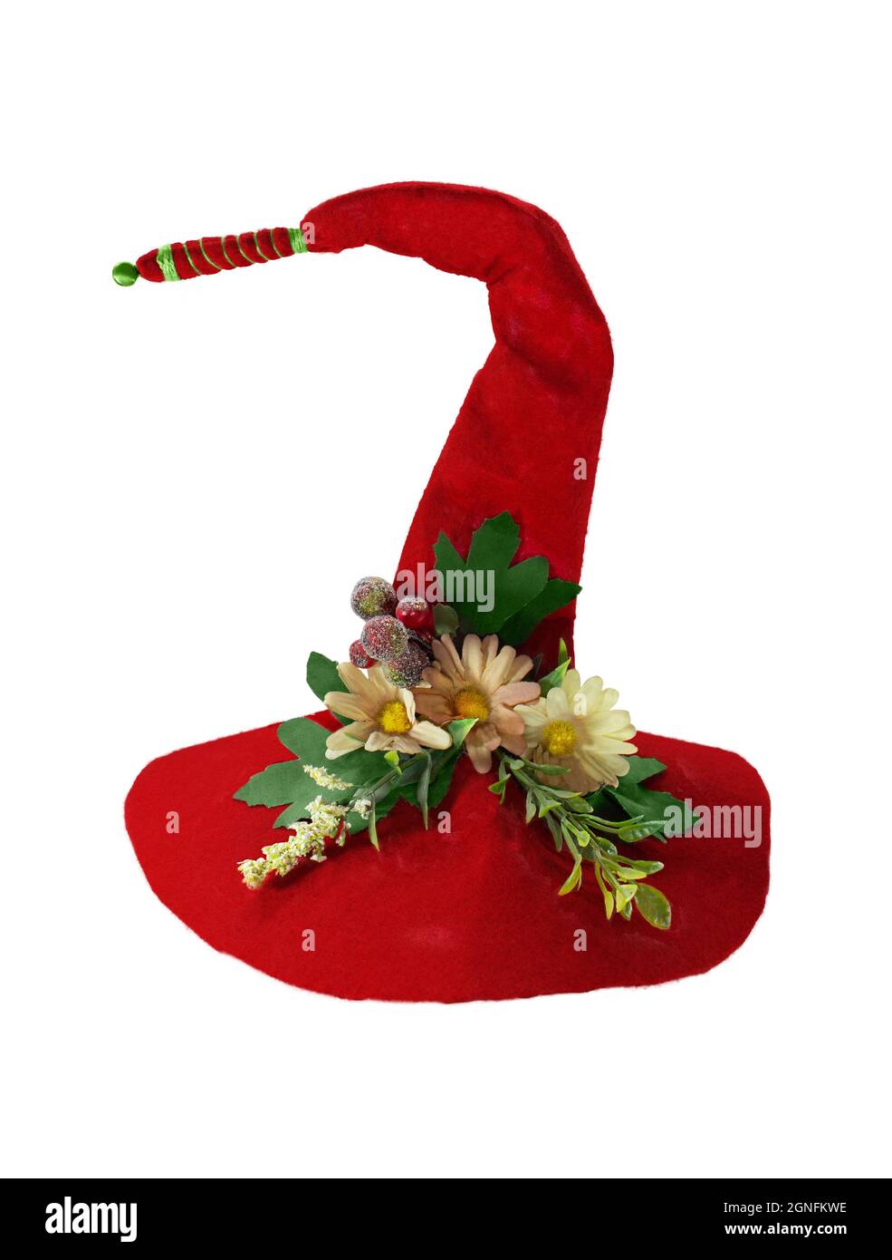 Felt red witch hat, headdress of Scandinavian gnome with beads, berries ...