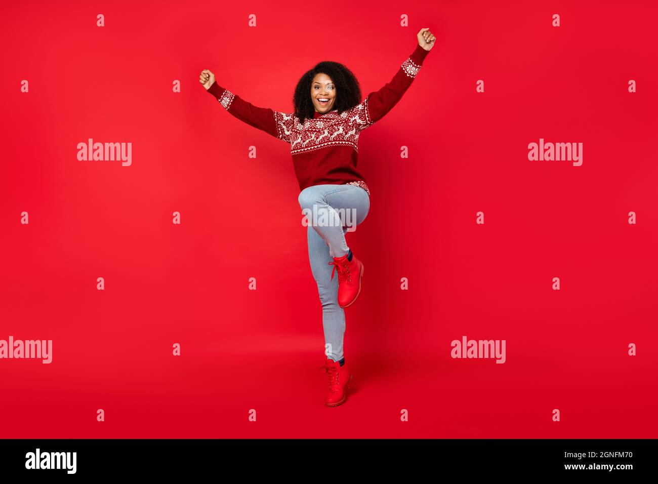 Full length body size photo woman smiling crazy gesturing like winner ...