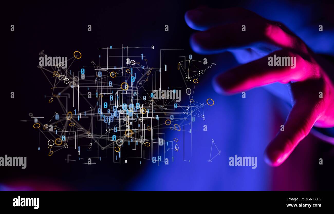 3d rendered digital matrix hologram hovering near a man's palm in neon ...