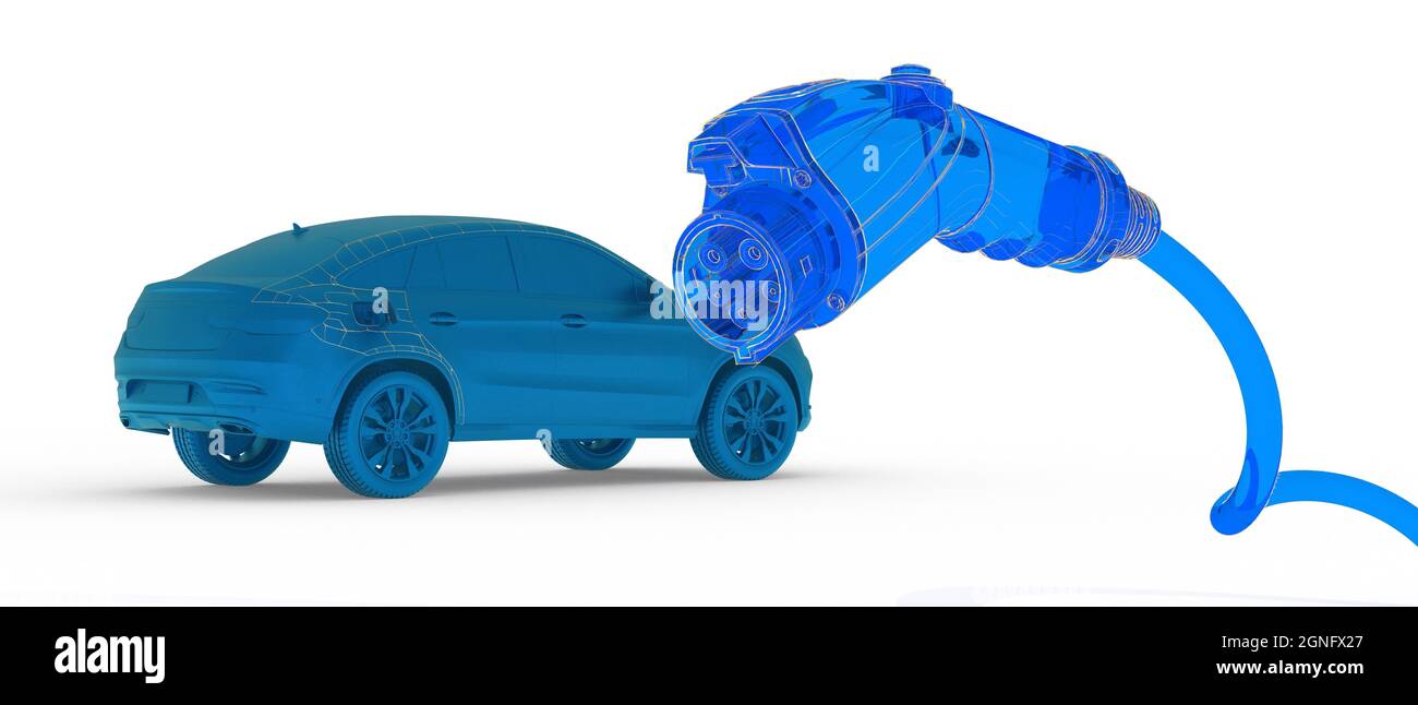 3d illustration of a blue power cable plug and electric car on a white ...