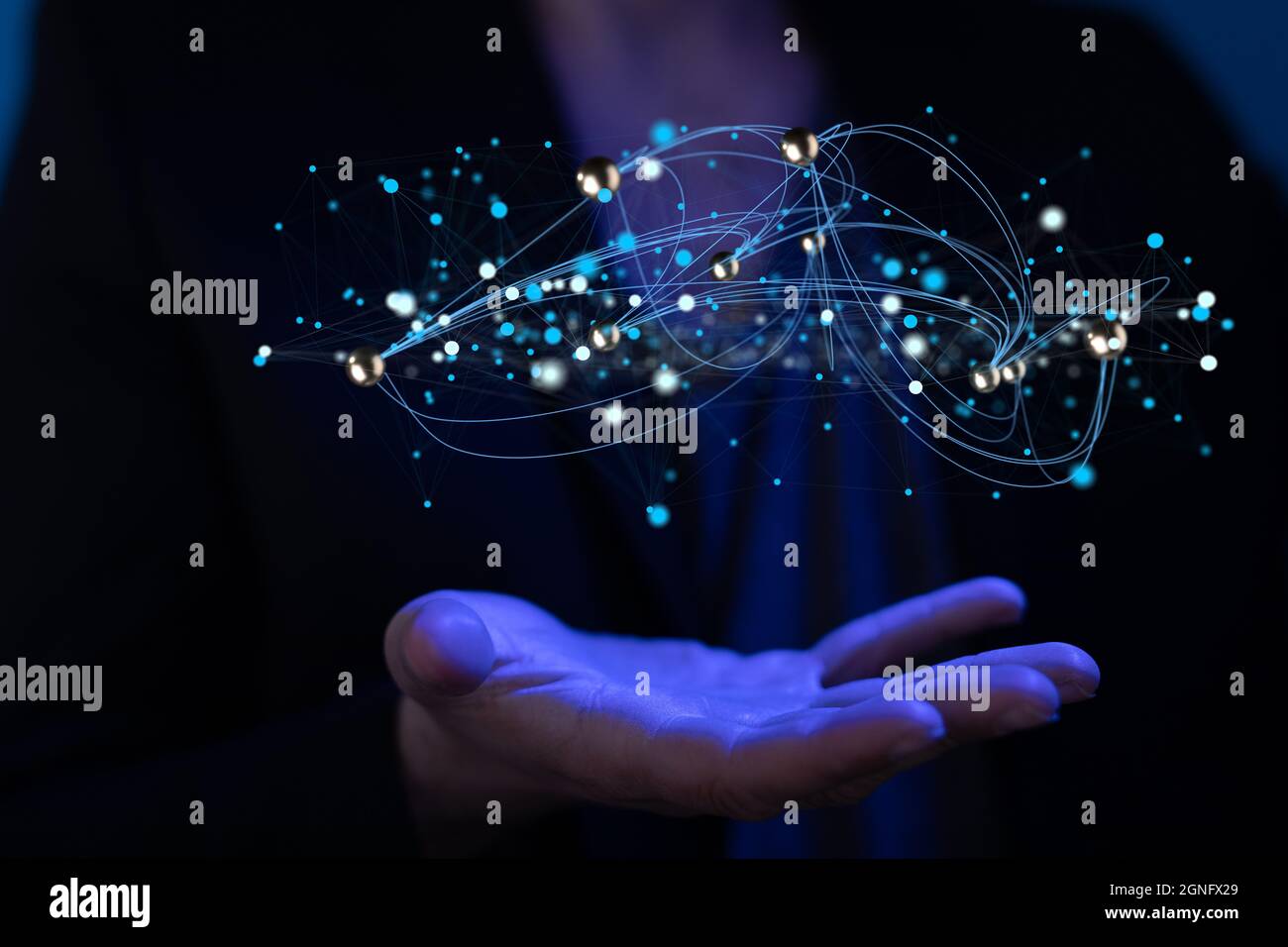 3d rendering of molecules abstraction hovering over a man's palm in blue light Stock Photo - Alamy