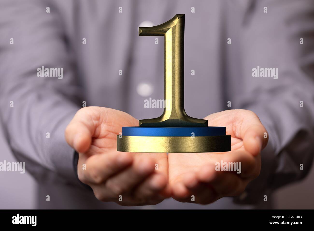 3D rendering of a golden number one on the palm of a real hand Stock ...