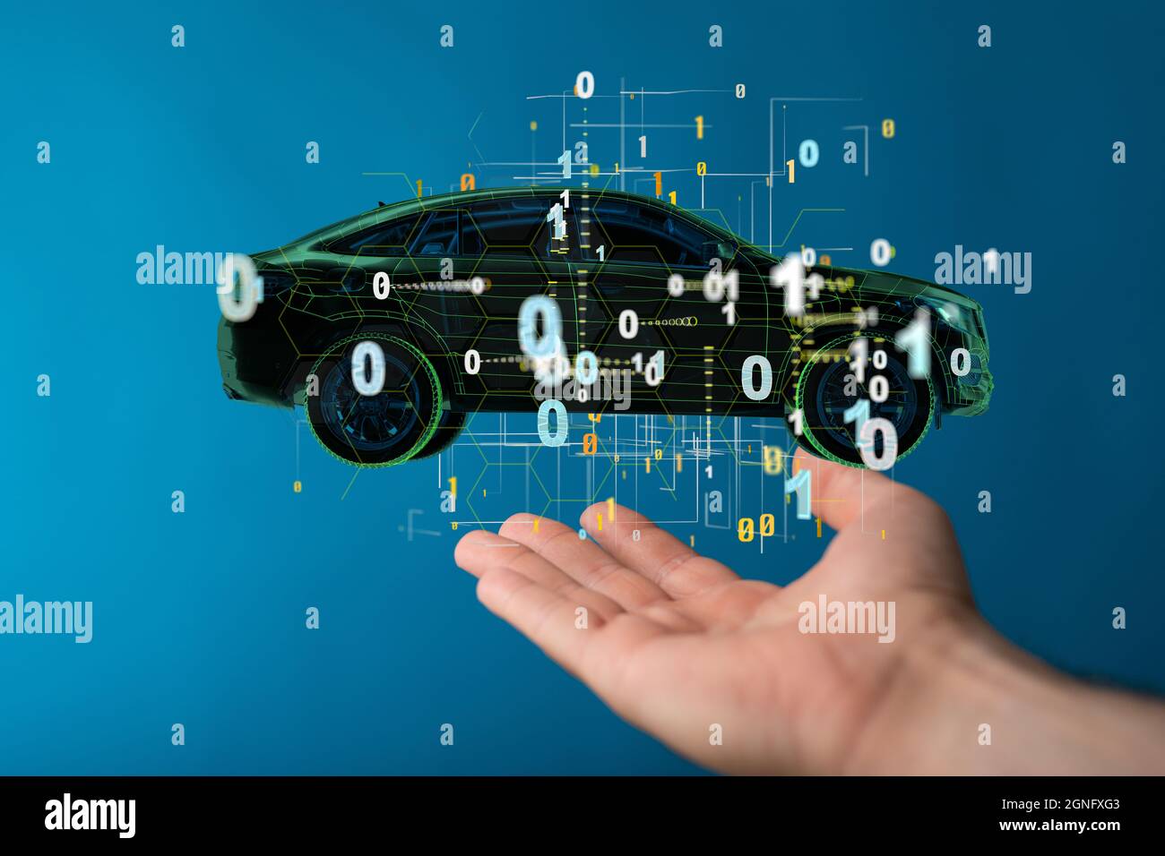 3d rendering of a car and binary number system in the real hand palm ...