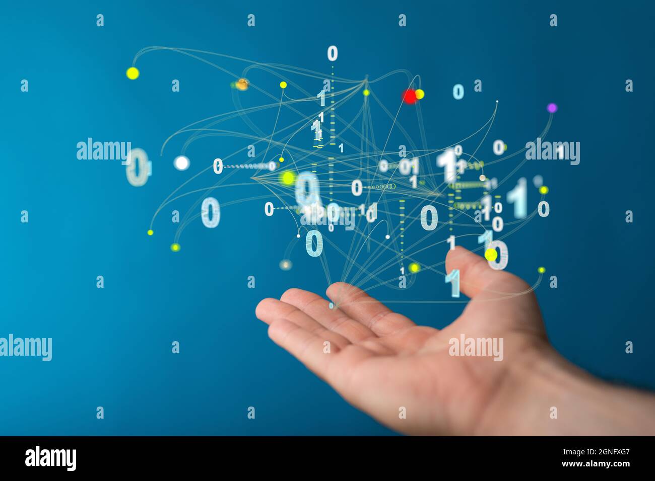 3D rendering of binary number system on a real hand palm with a blue ...