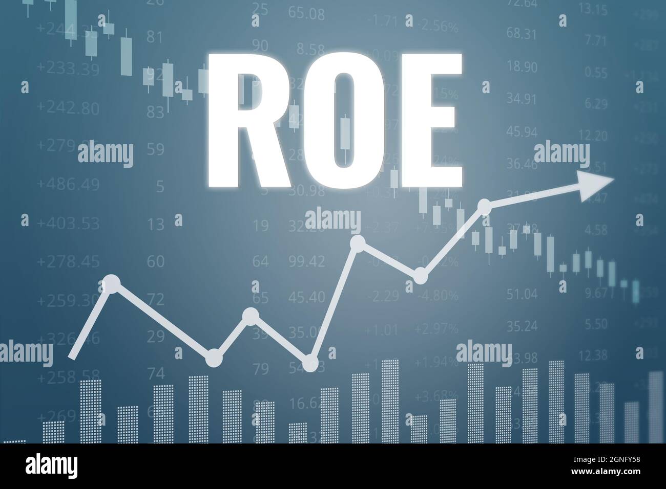 Financial term ROE - Return on Equity on blue finance background from ...