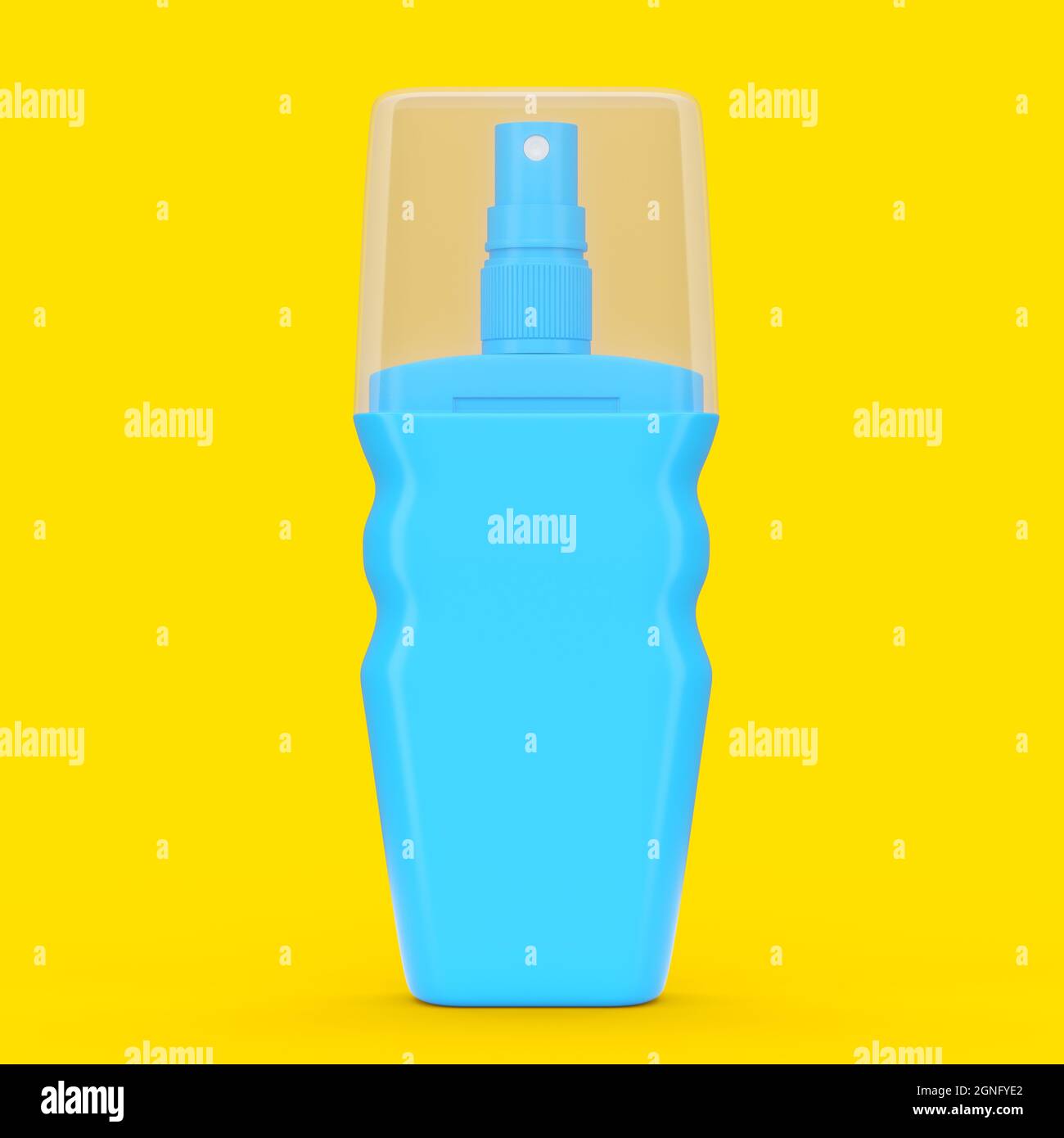 Blue sunscreens bottle or sunblock cream tube isolated on yellow ...