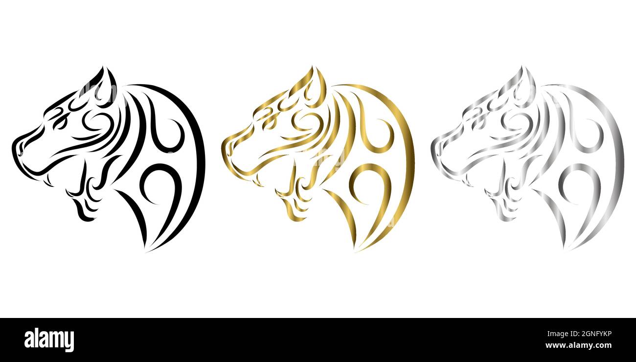 three color black gold silver line art of tiger head. Good use for ...