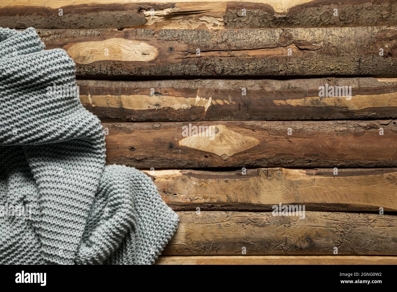 flat lay crocheted blanket wooden background. High quality and ...