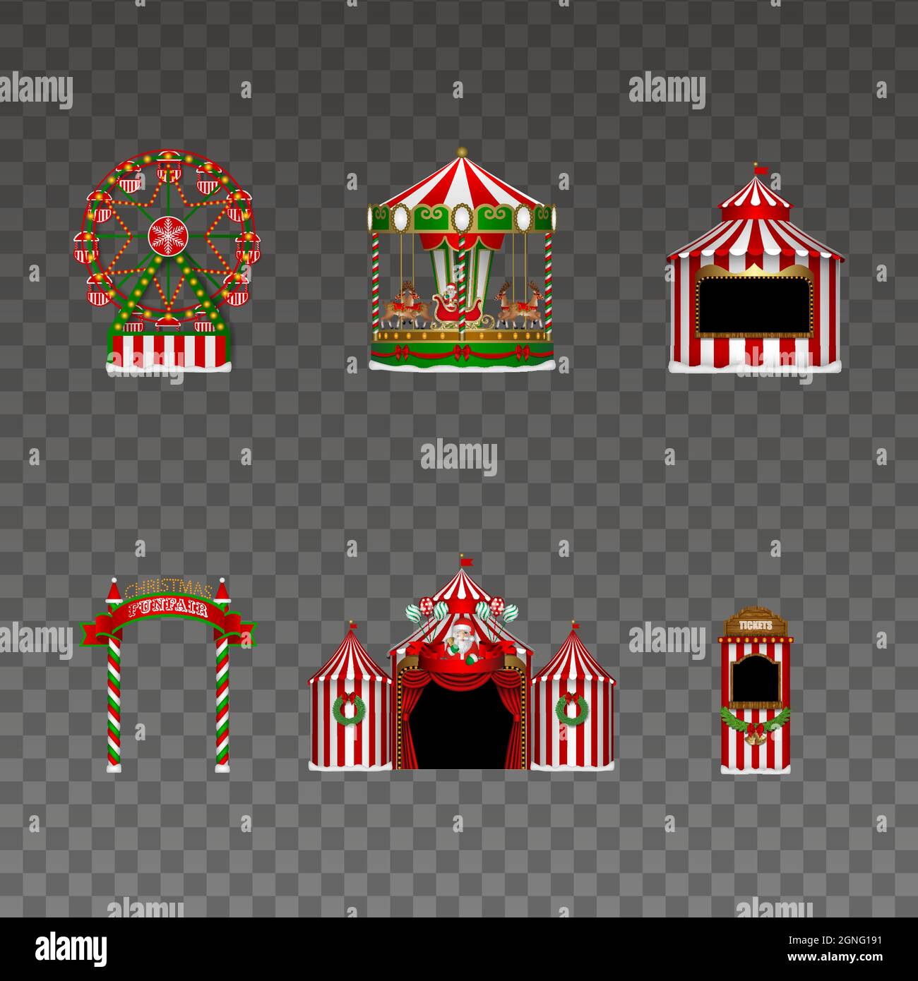 Set of christmas funfair elements. isolated carousel, stall, ferris ...