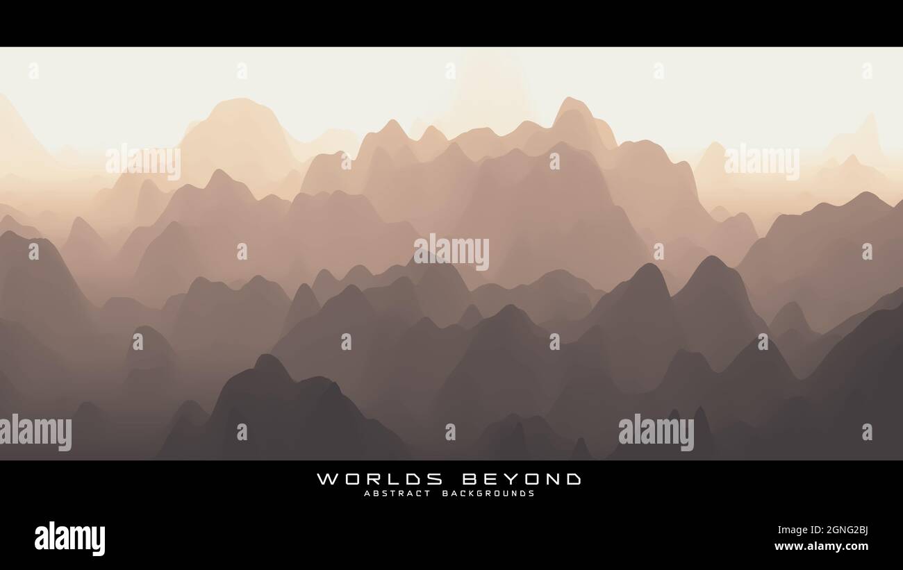 Abstract beige landscape with misty fog till horizon over mountain ...