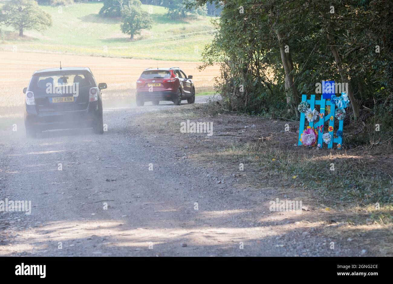 Light blue painted gate decorated with cloth flowers indicates a ...