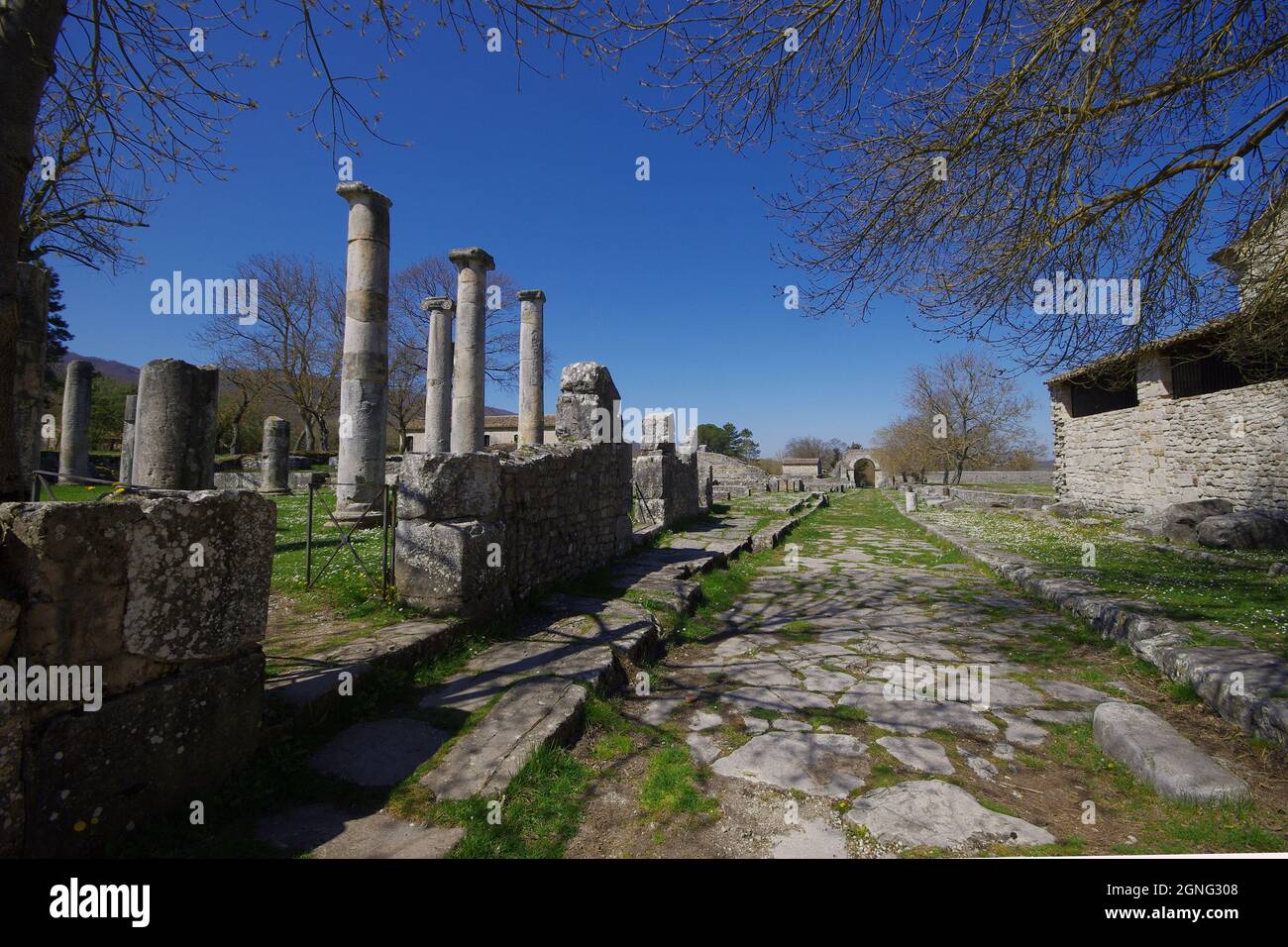 Ruines of columns in Archaeological site of Altilia against blue sky ...