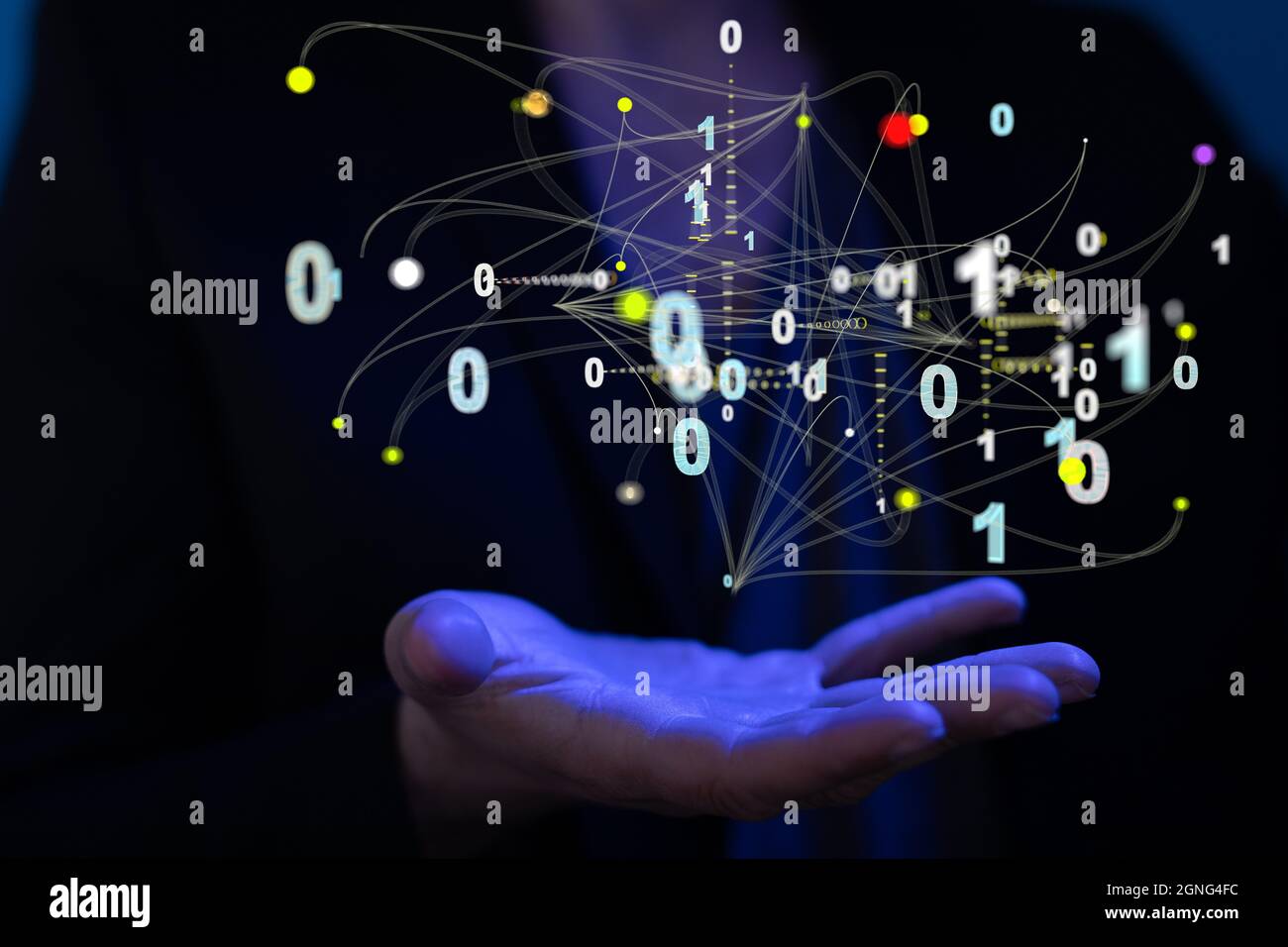 3d data visualization illustration hovering over a man's palm in blue ...