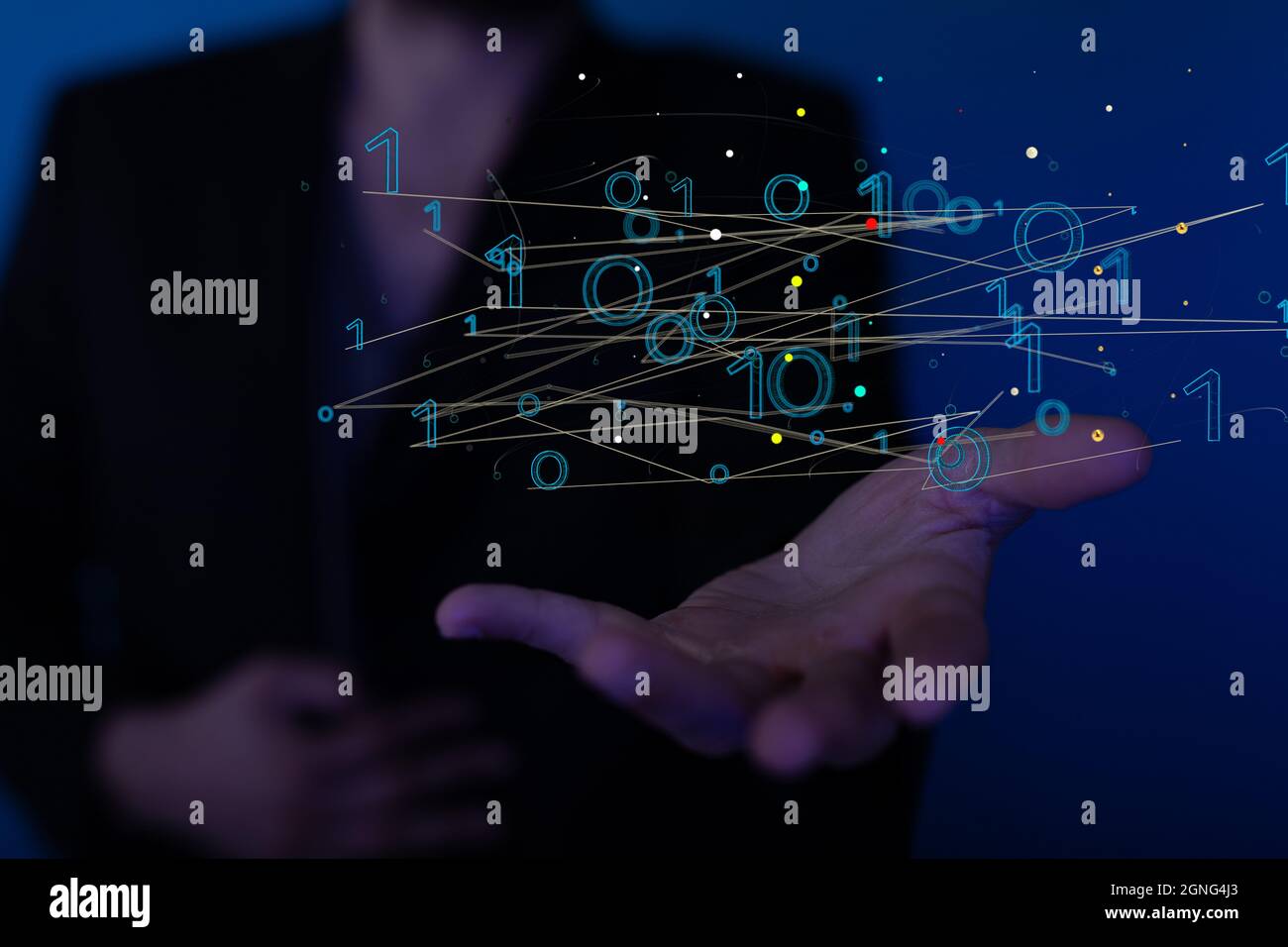 3d illustration of digits connected with dots and lines hovering over a man's palm Stock Photo ...