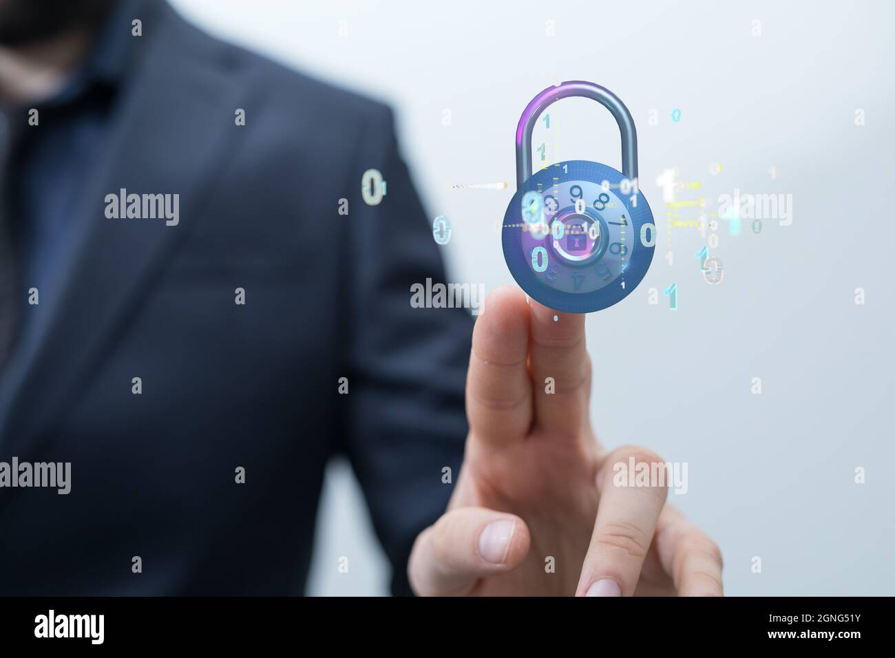 3D symbol of cybersecurity with a man in the background Stock Photo - Alamy