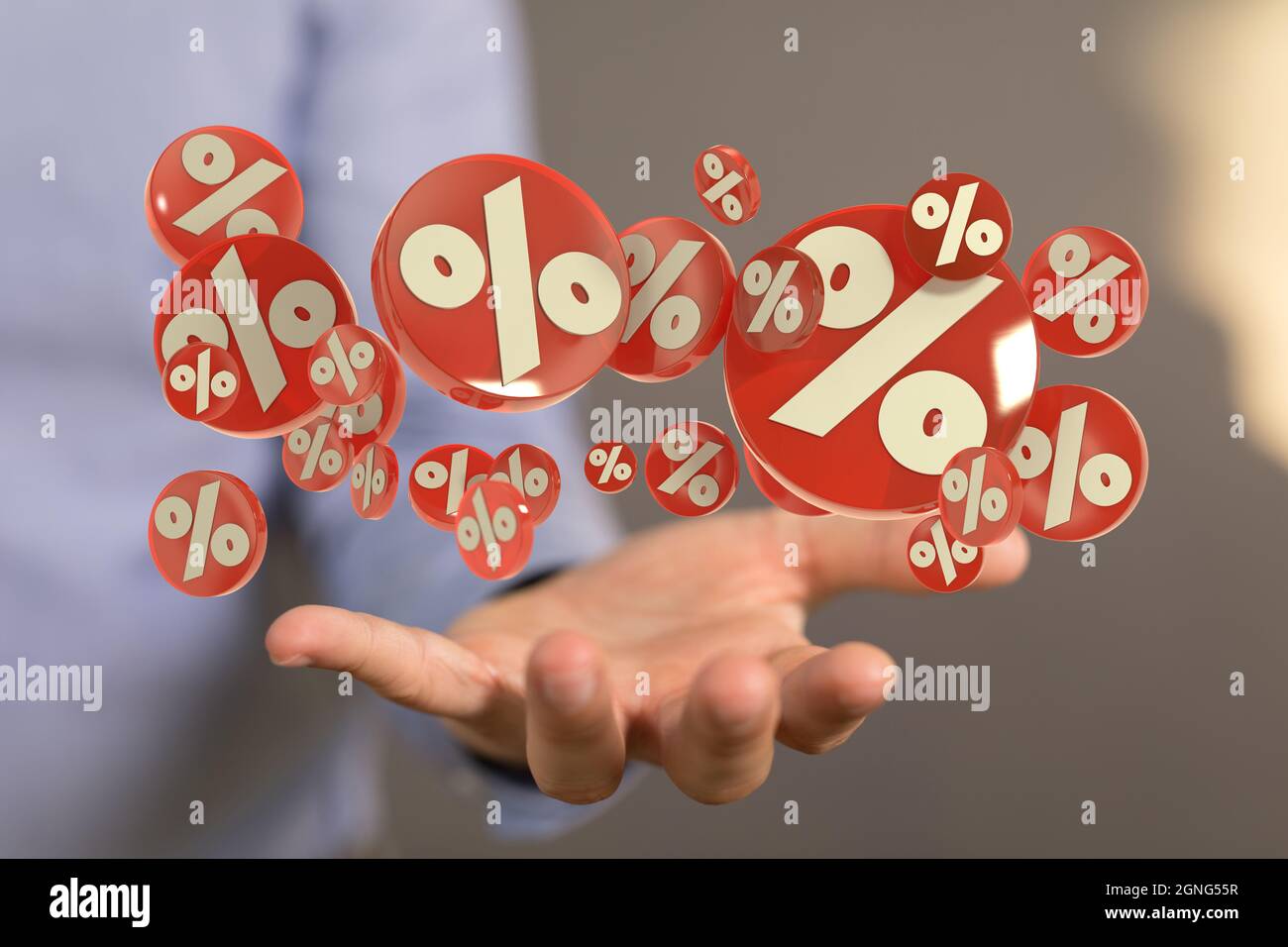 Group of red percentage 3D icons above a hand of a man in the ...