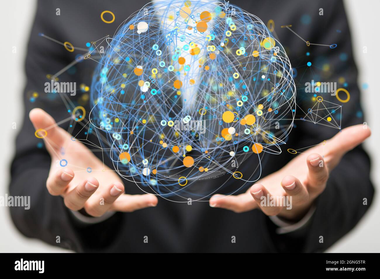 3D spherical icon about the internet above the hands of a man in the ...