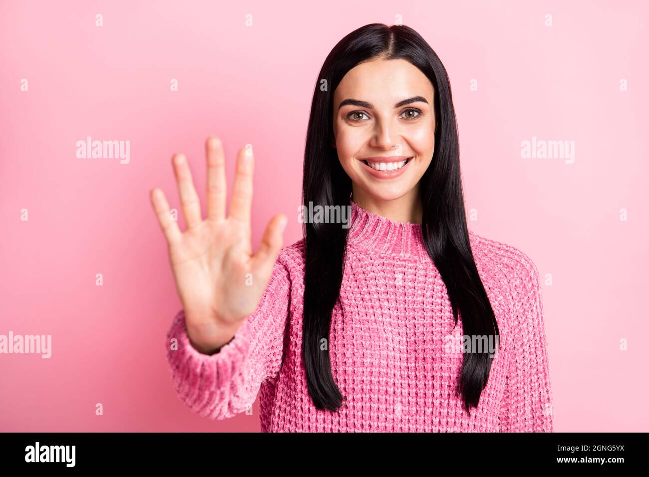 Photo portrait of woman showing palm five fingers isolated on pastel ...
