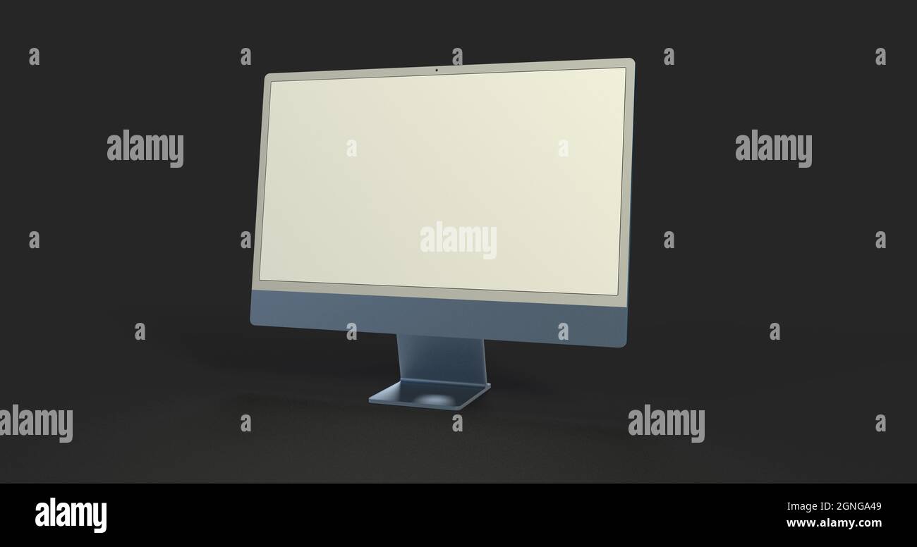 Realistic 3D computer, with a white screen, isolated on a black ...