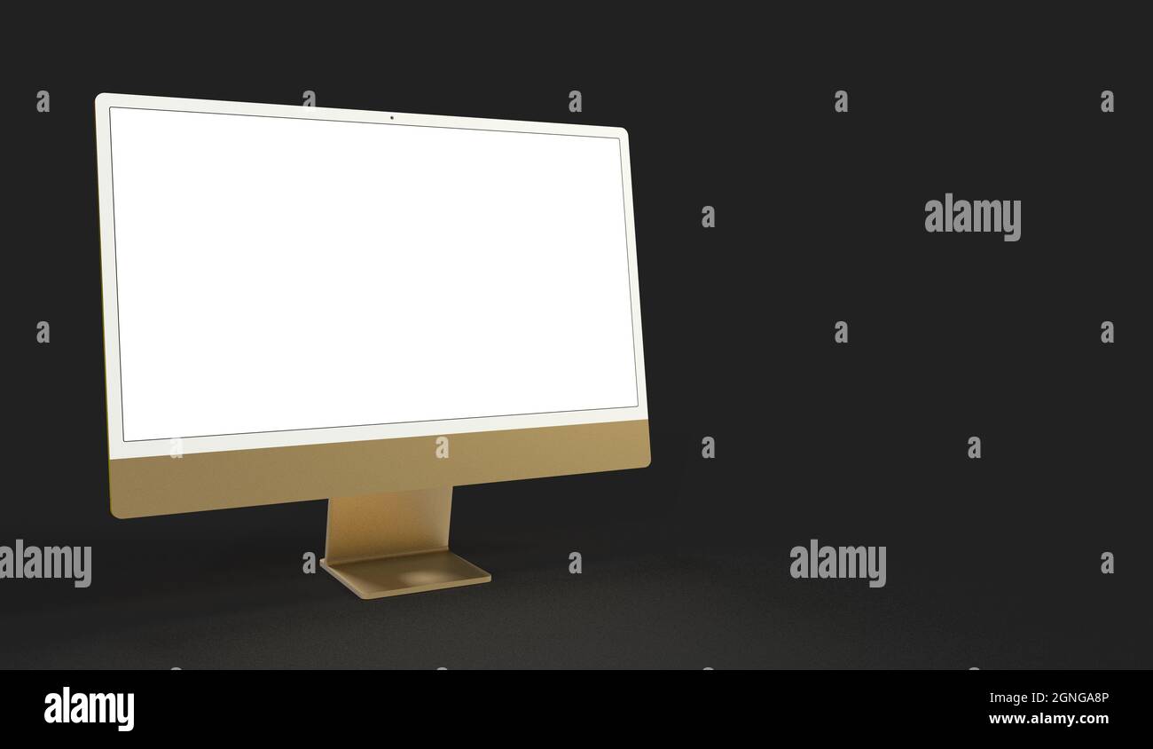 Realistic 3D computer, with a white screen, isolated on a black ...