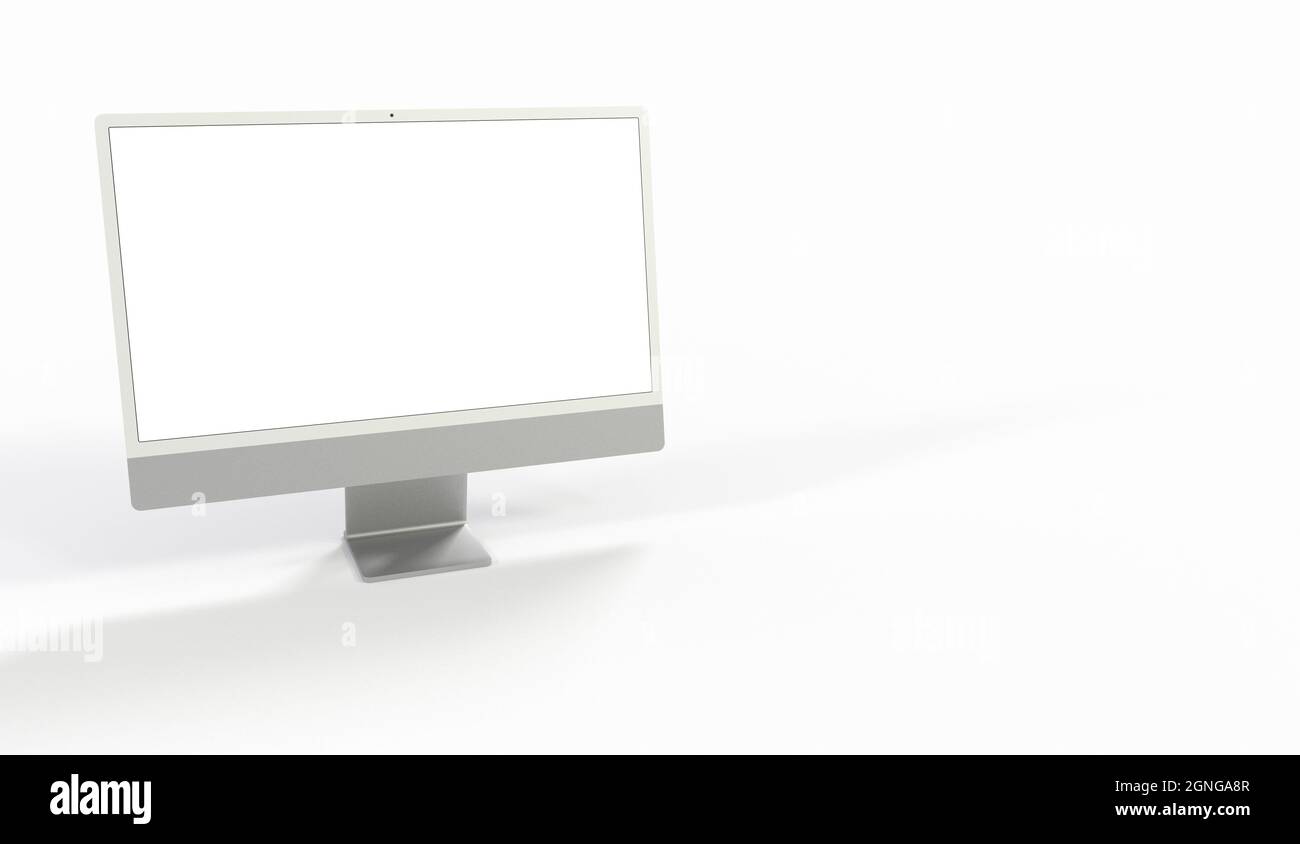 Realistic 3D computer, with a white screen, isolated on a white ...