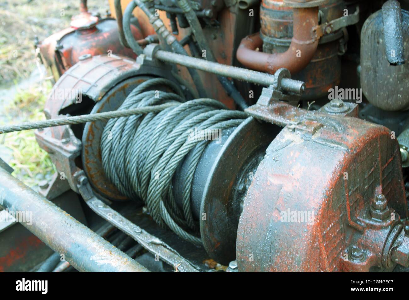 Equipment for the forestry industry. Powerful winch and steel wire rope ...