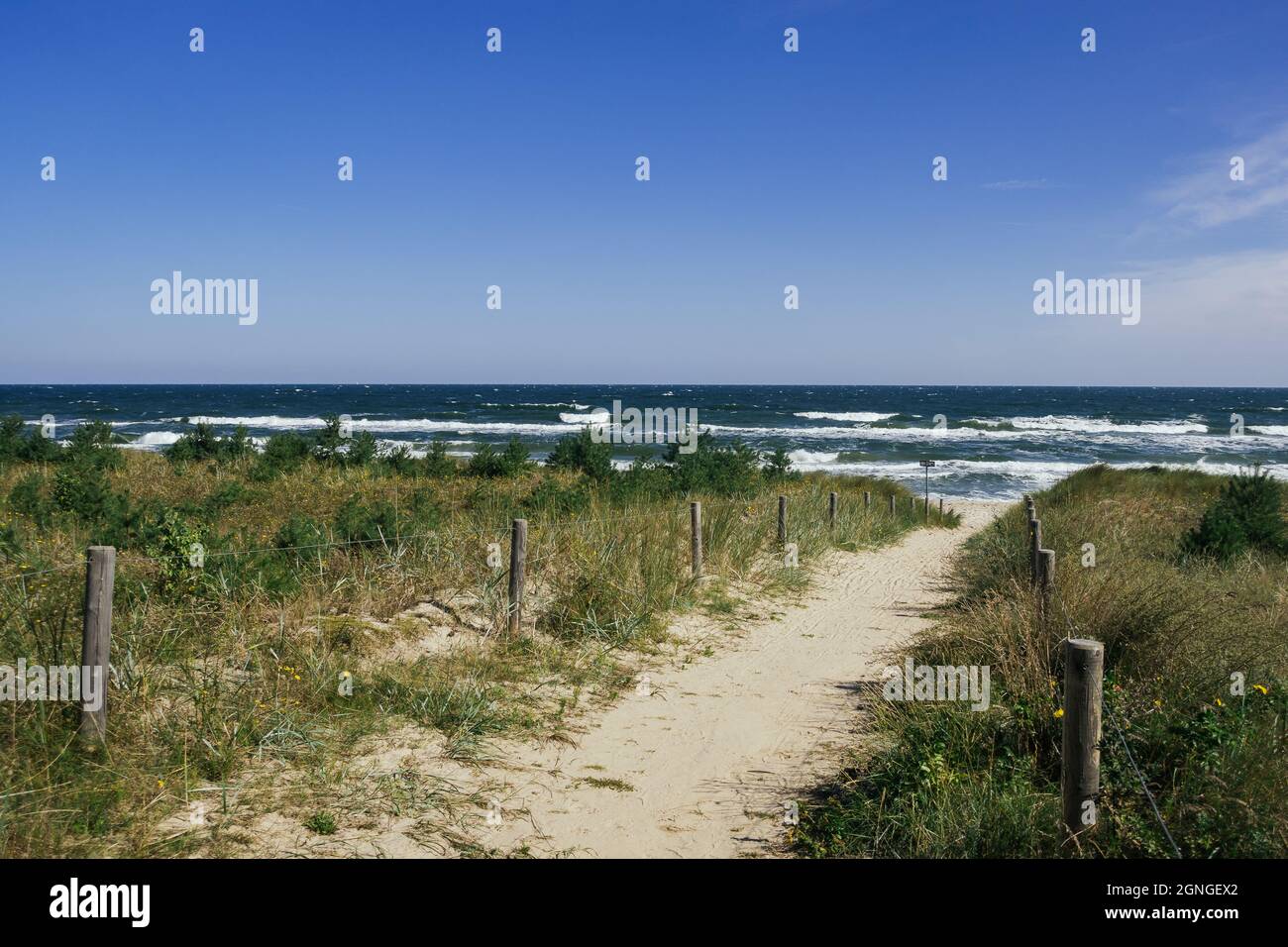 Sandy path leading to a beach under a blue sky Stock Photo - Alamy