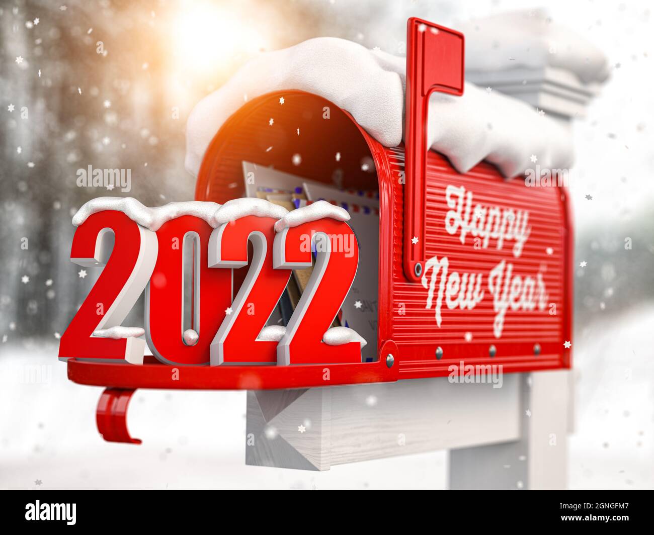 Happy New 2022 Year. Mailbox with letters and number 2022. 3d ...