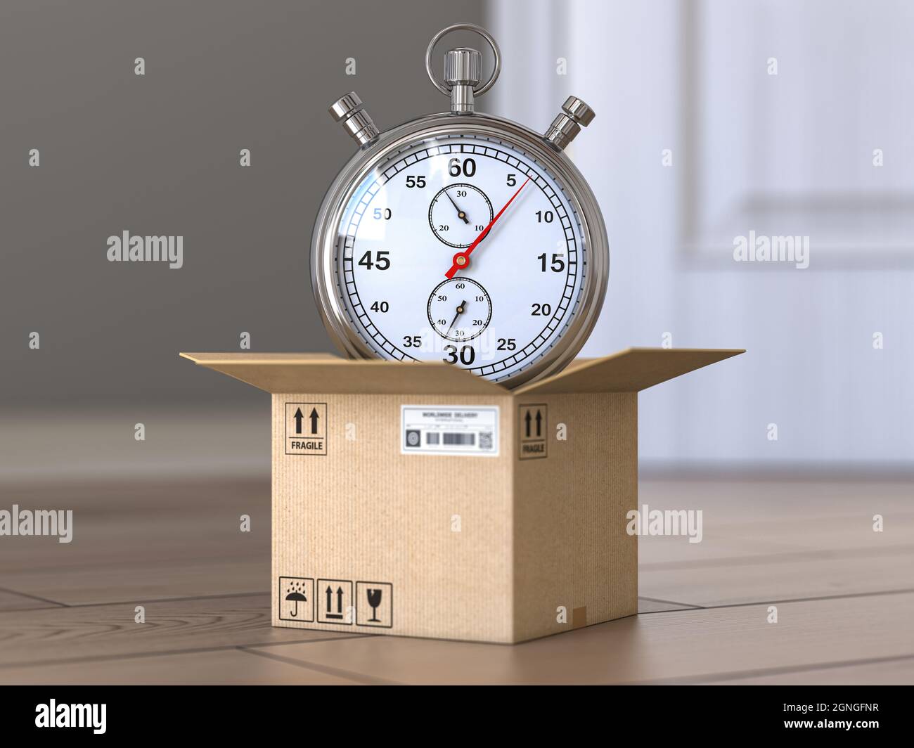 Express delivery concept. Stopwatch and cardboard box on the floor in ...