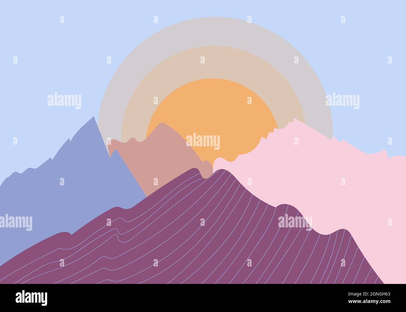 Vector illustration of a mountain landscape at sunrise in a minimalist ...