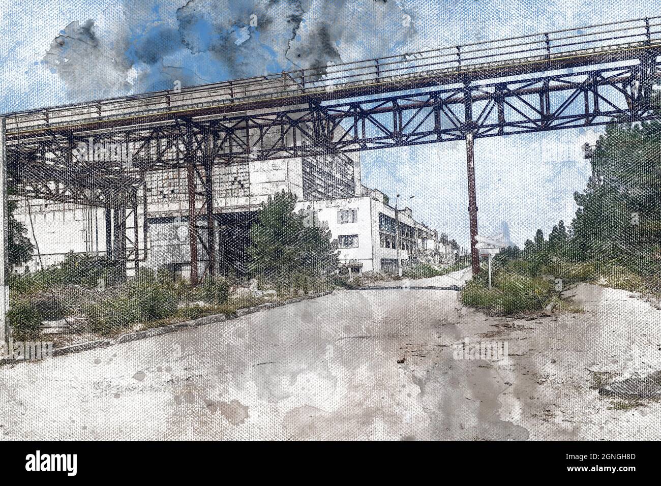 Industrial Landscape. Manufacturing area. Buildings, pipeline on metal ...