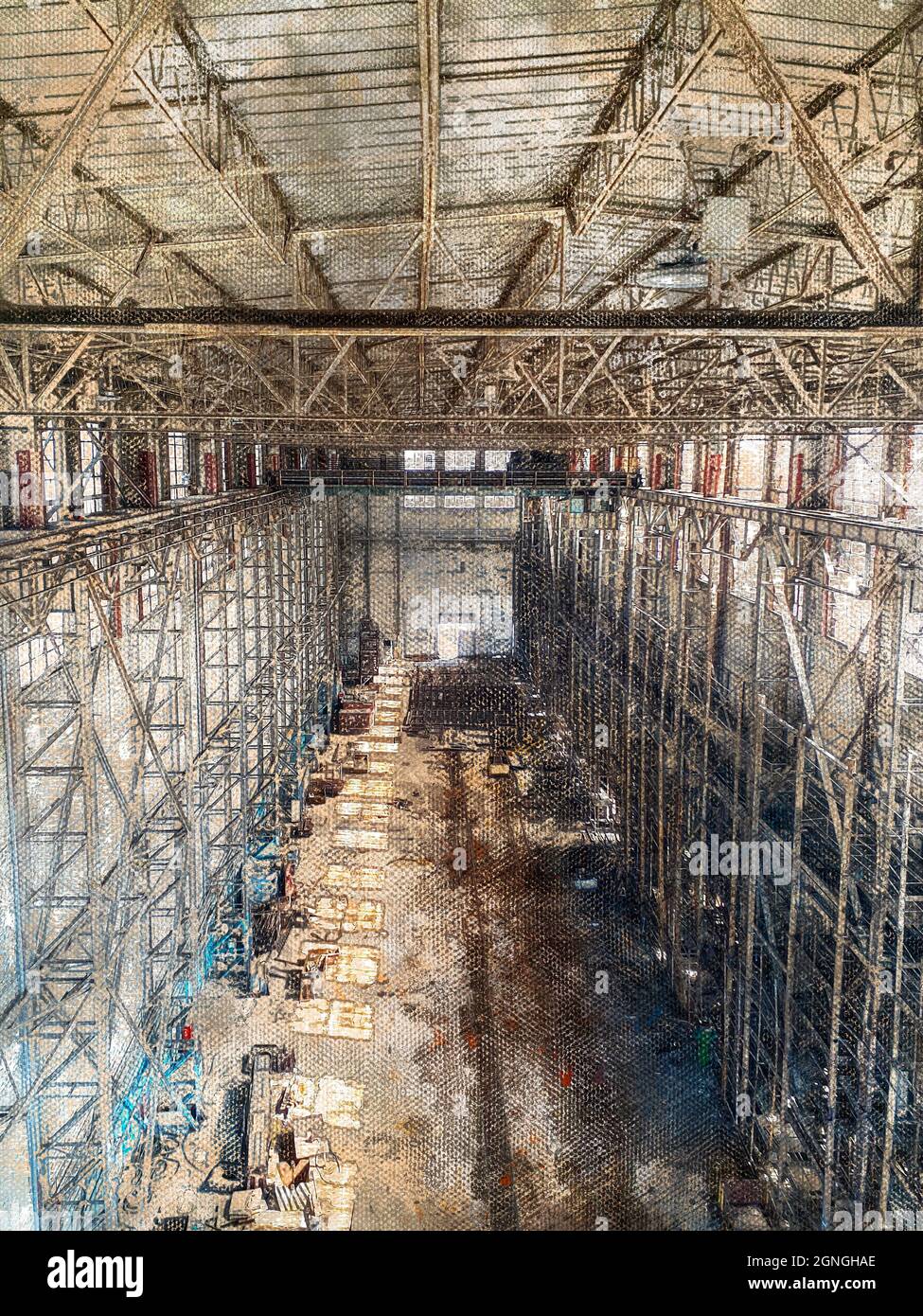 INSIDE THE WORKSHOP OF THE SHIPYARD. HIGH SHOP WITH SLIPWAYS, OVERHEAD ...