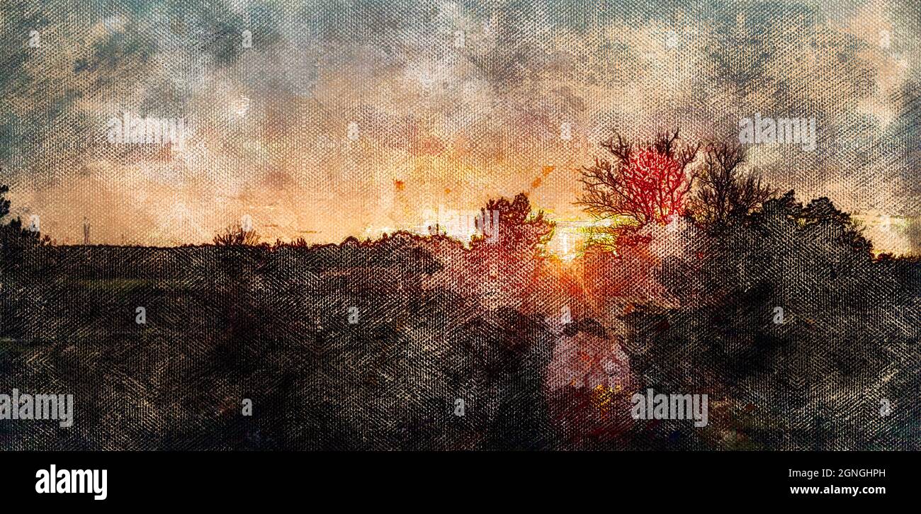 October sunset. The red-orange sun is setting over the horizon. Digital ...