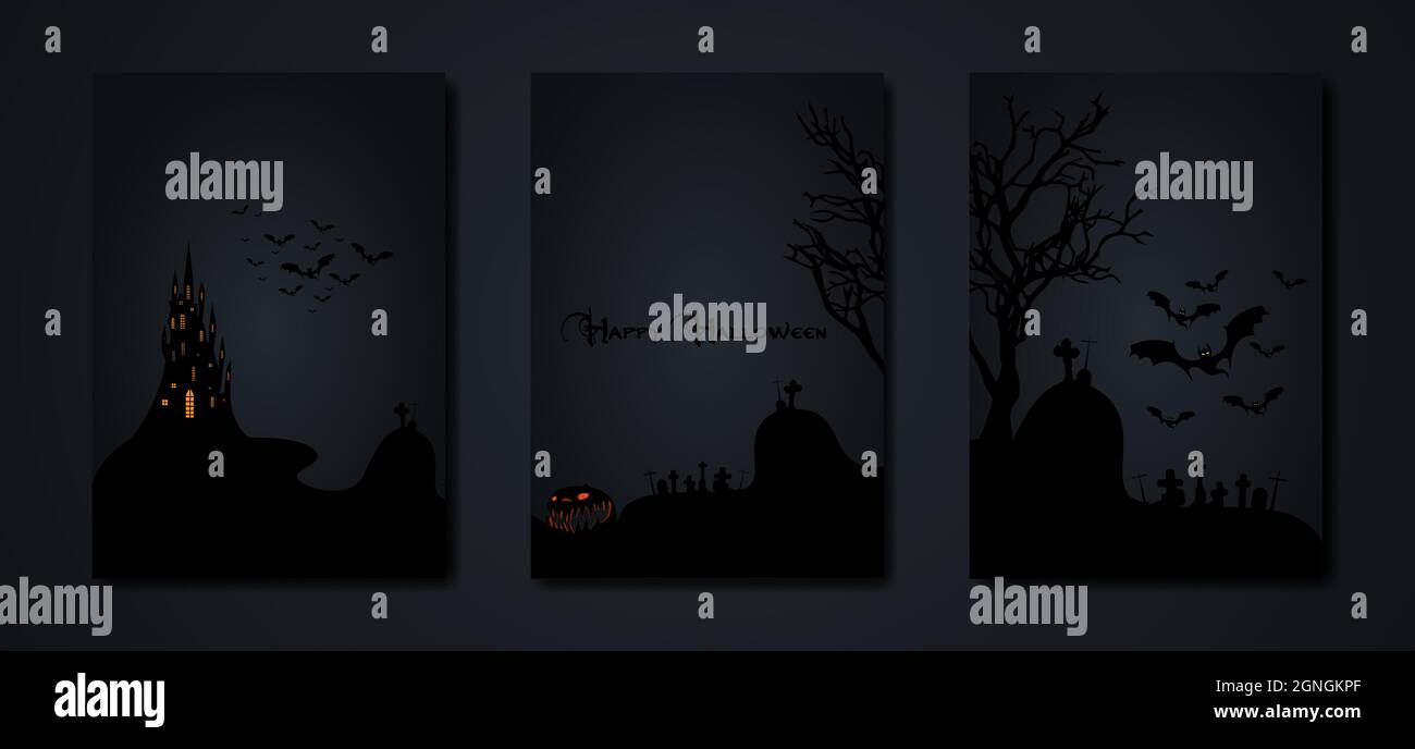 Halloween party, set cards spooky dark background, silhouettes of ...