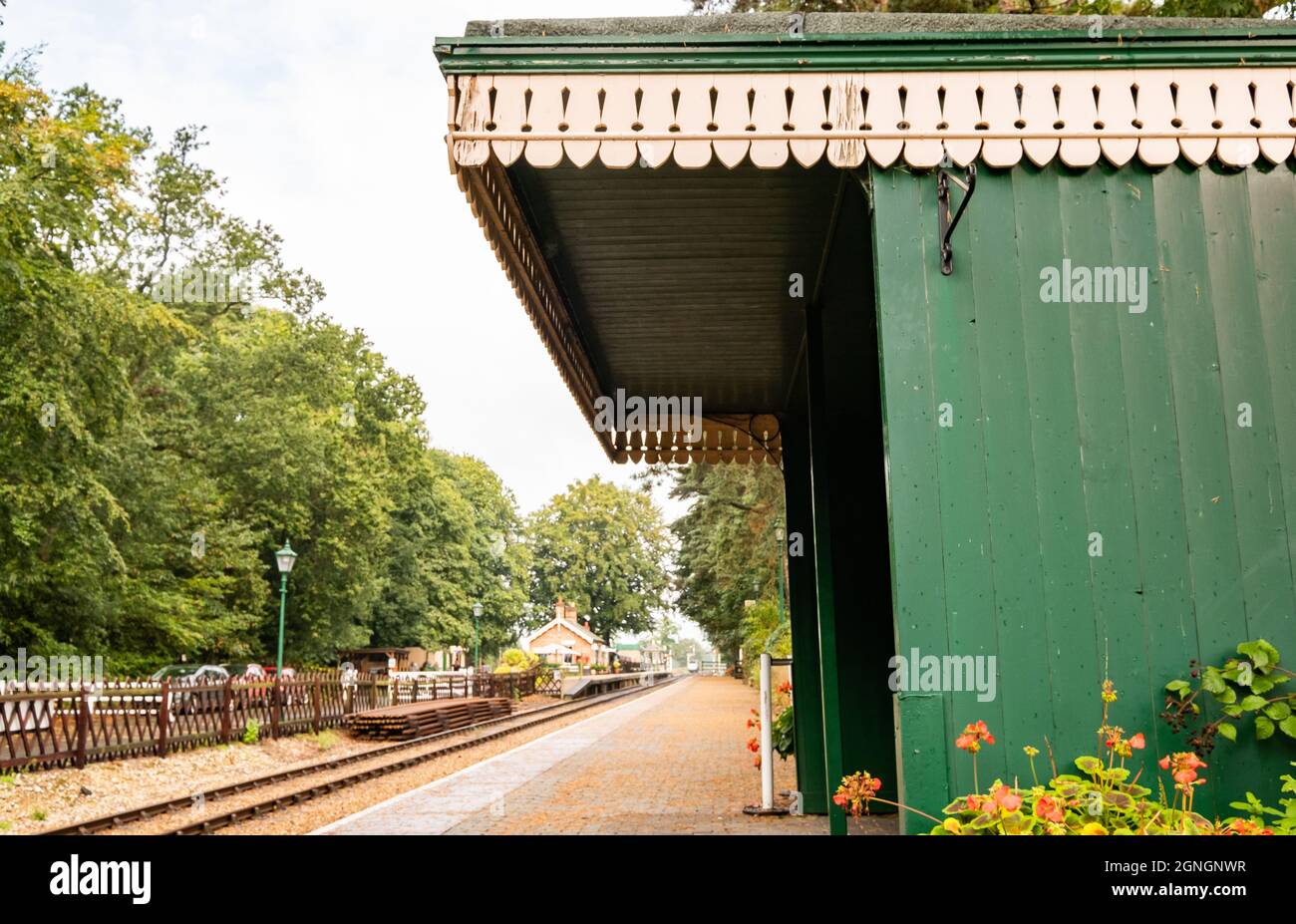 Close up of wooden shelter on the railway platform of the North Norfolk ...