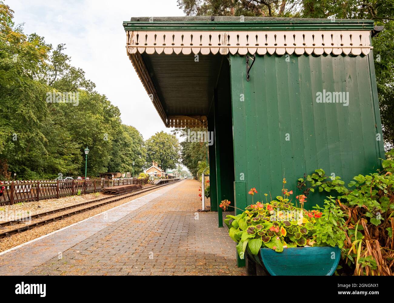 Close up of wooden shelter on the railway platform of the North Norfolk ...