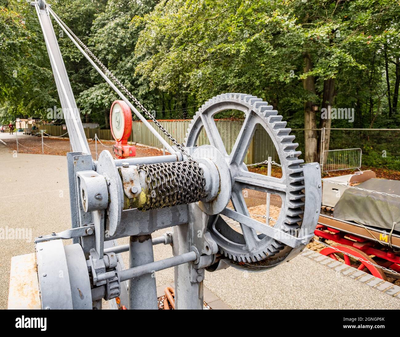 Close up of metal winch used to load railway carriages and wagons on ...
