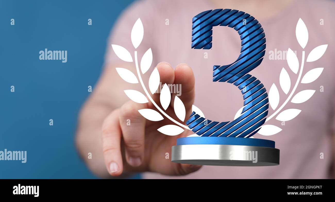 3D rendering of a third place golden award and male hand holding on a ...