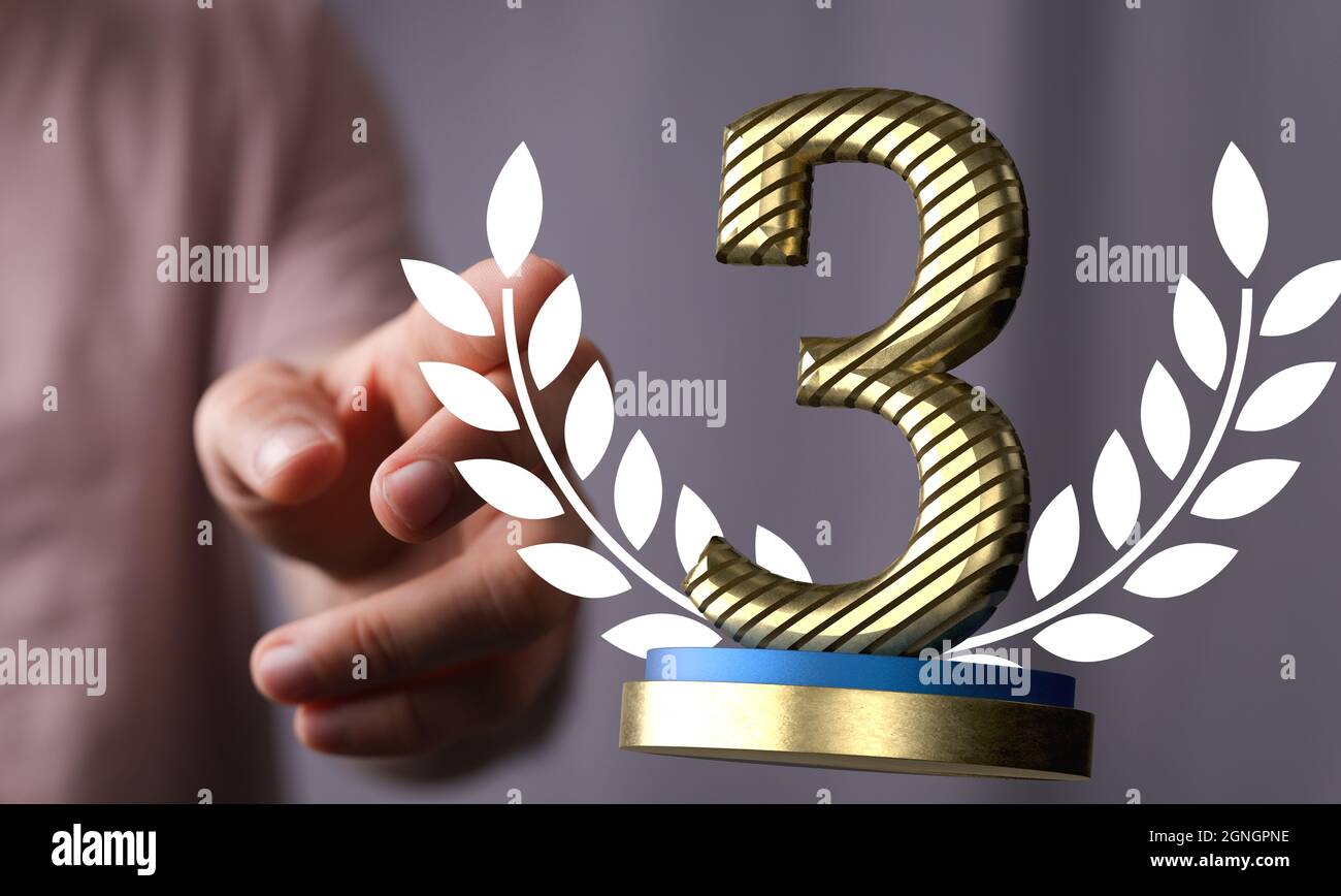 3D rendering of a third place golden award and male hand holding on a ...