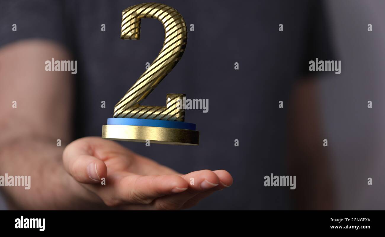 3D rendering of a second place golden award and male hand holding on a ...