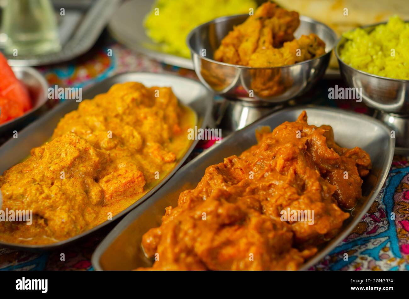 Chicken Madras and Chicken Tikka Masala with Pilau Rice, Naan Breads ...