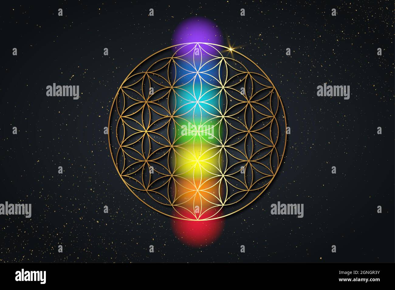 flower of life and the seven chakras. Gold Sacred Geometry, set chakra colors points meditation ...