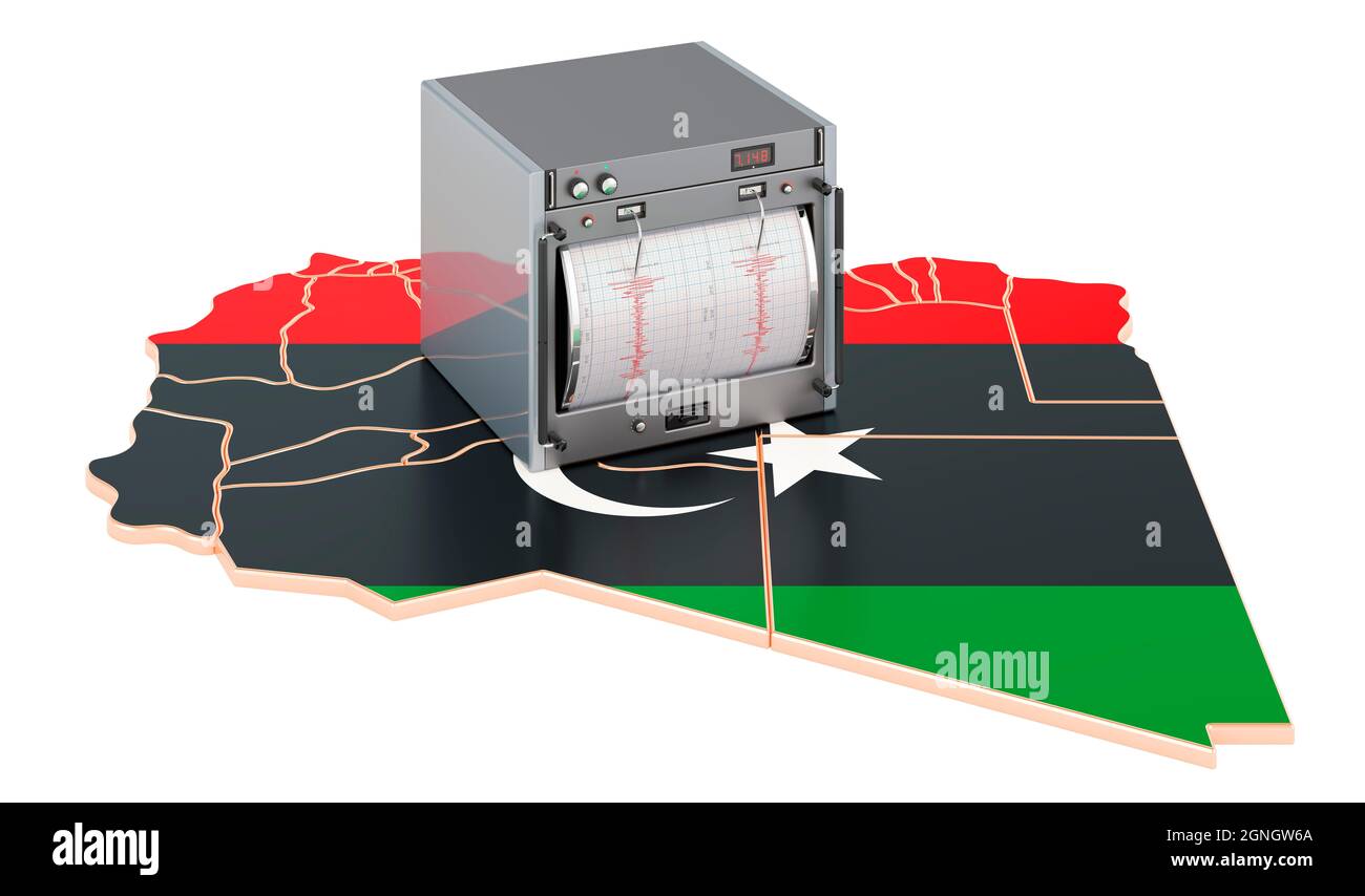 Earthquake in Libya, concept. Seismograph on the Libyan map. 3D ...