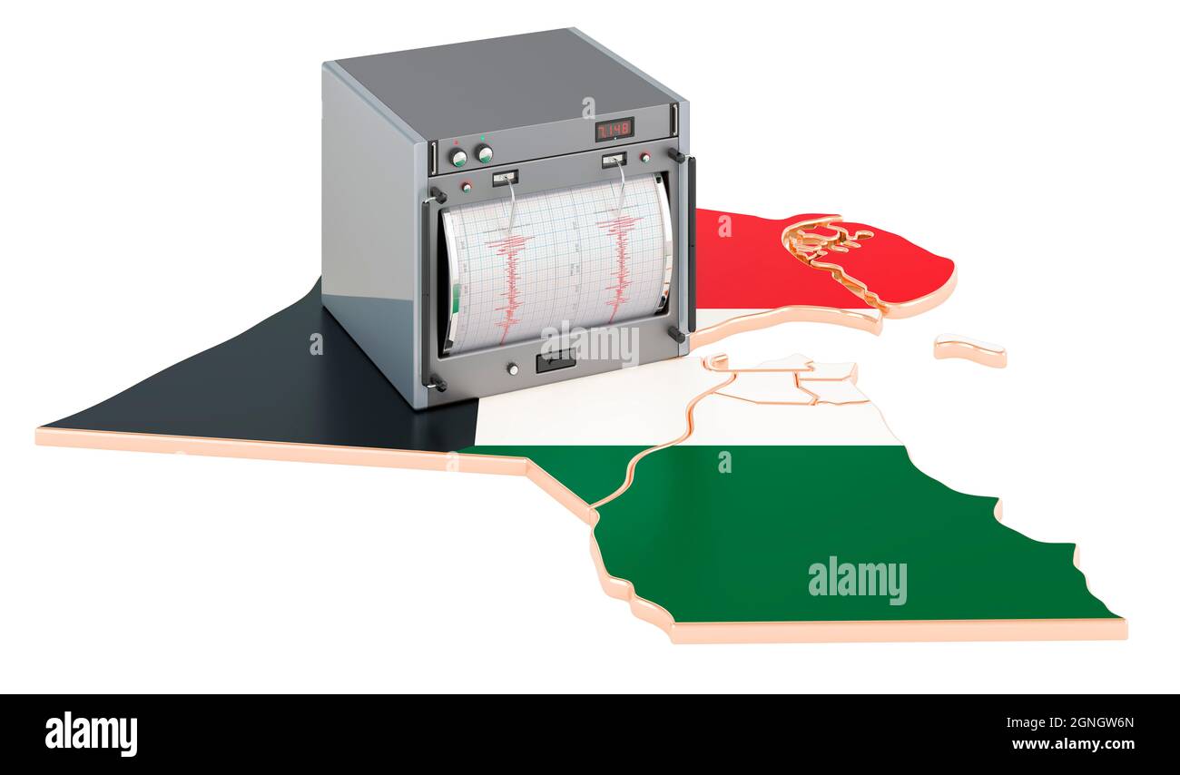 Earthquake in Kuwait, concept. Seismograph on the Kuwaiti map. 3D ...