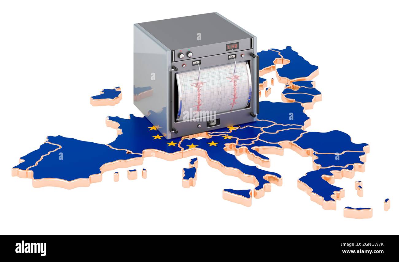 Earthquake in the European Union, concept. Seismograph on the the EU ...