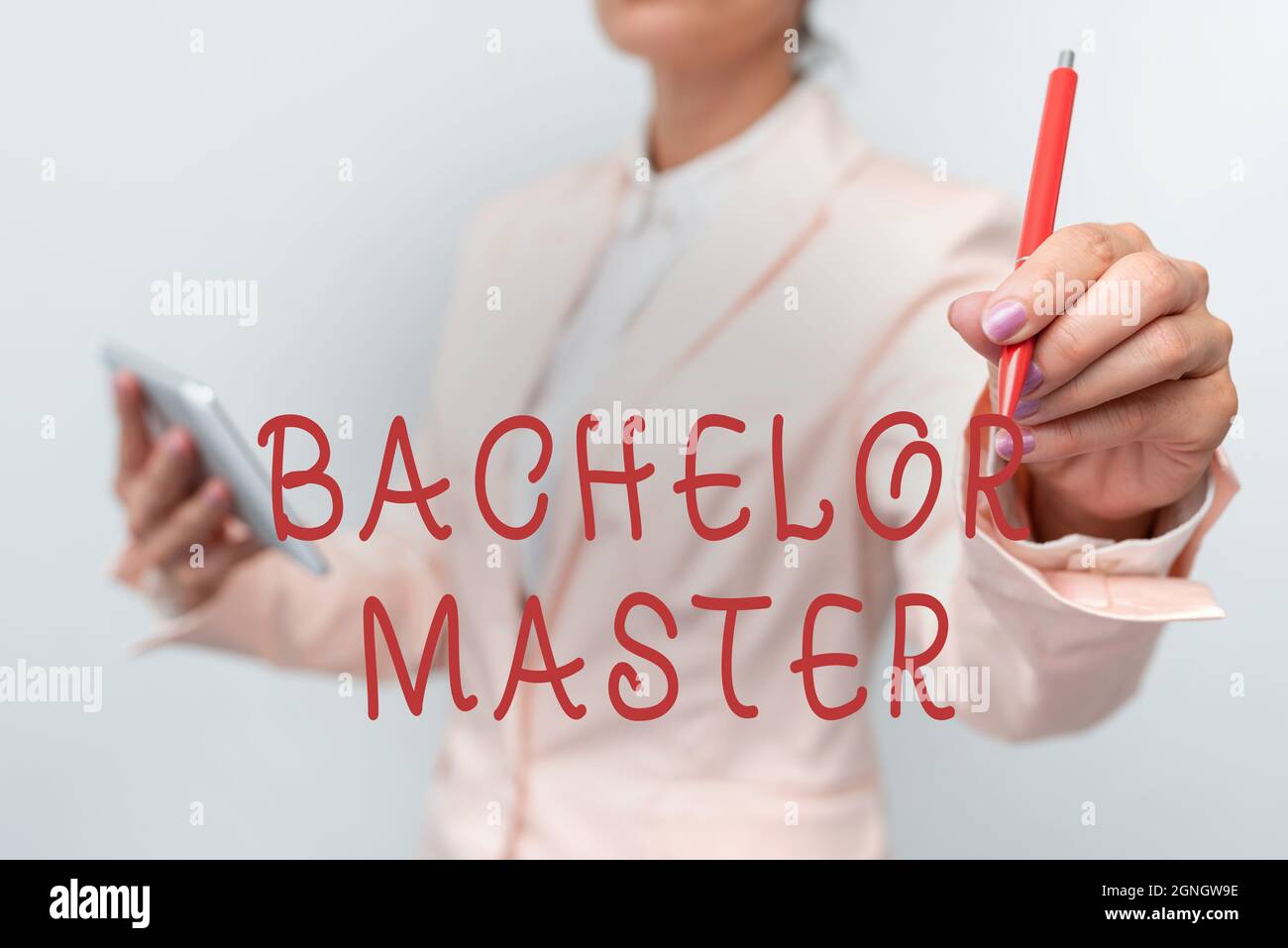 Hand writing sign Bachelor Master. Word Written on An advanced degree ...